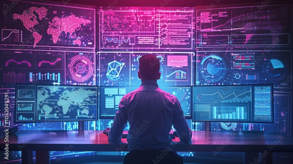 Big data analytics with AI technology. Data analyst analyzing and ...