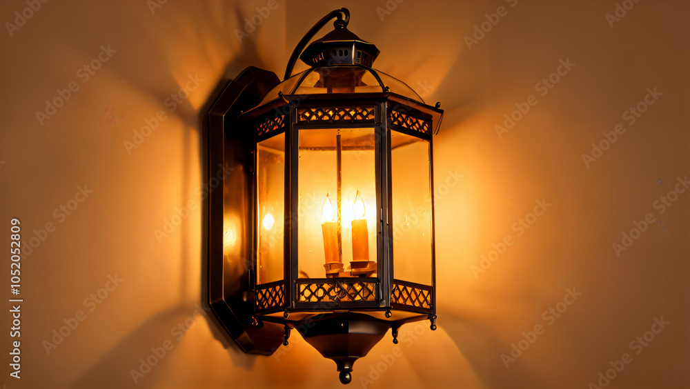 An elegant wall lamp with a metal frame and glass panels that emits a ...