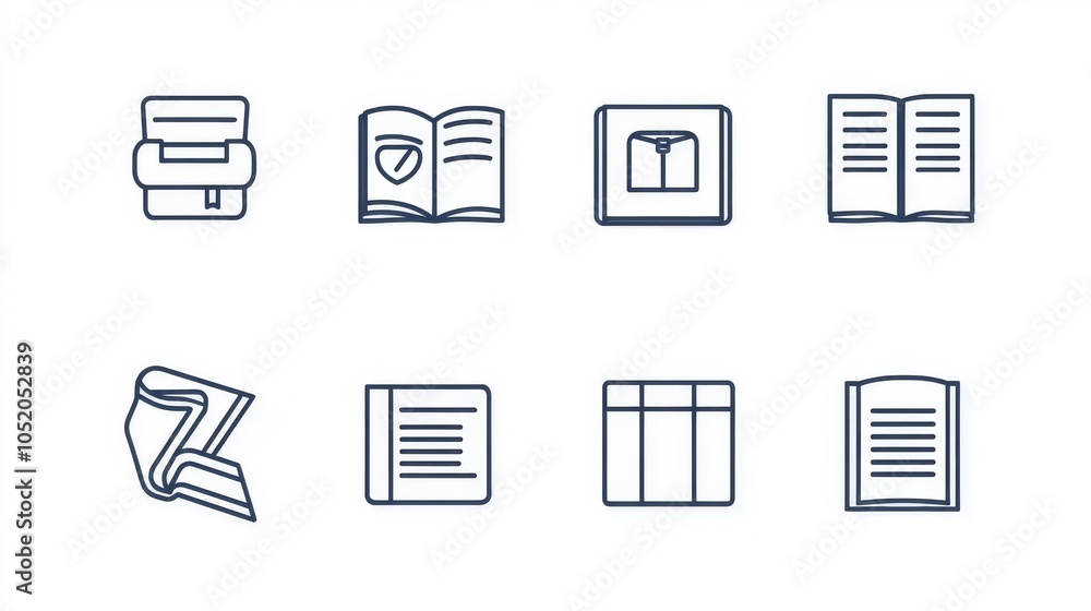 Brochure catalog icon set with thin line designs for flyers, magazines ...