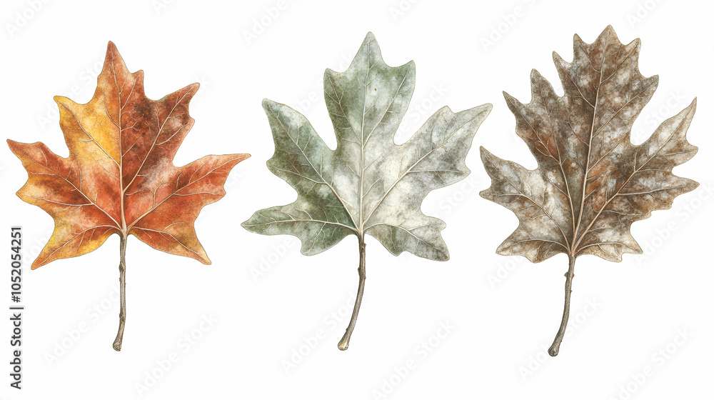 Three autumn leaves in different stages of decay, fall, foliage ...