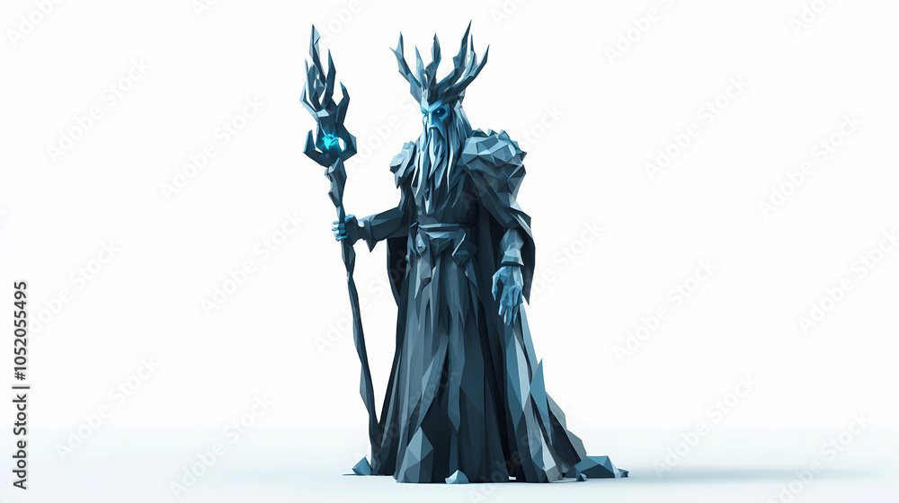 3d render, low poly style of a lich king with a staff and a crown, on ...