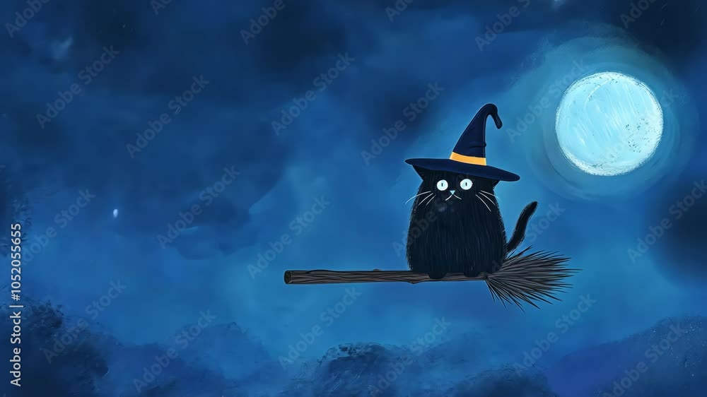 Cartoon Black Cat with Witch Hat on Broomstick against Starry Night Sky ...