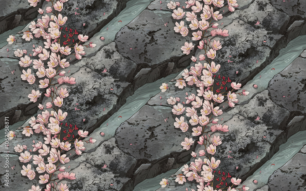 stone wall texture, 2x2 anime-style illustration of a weathered stone ...