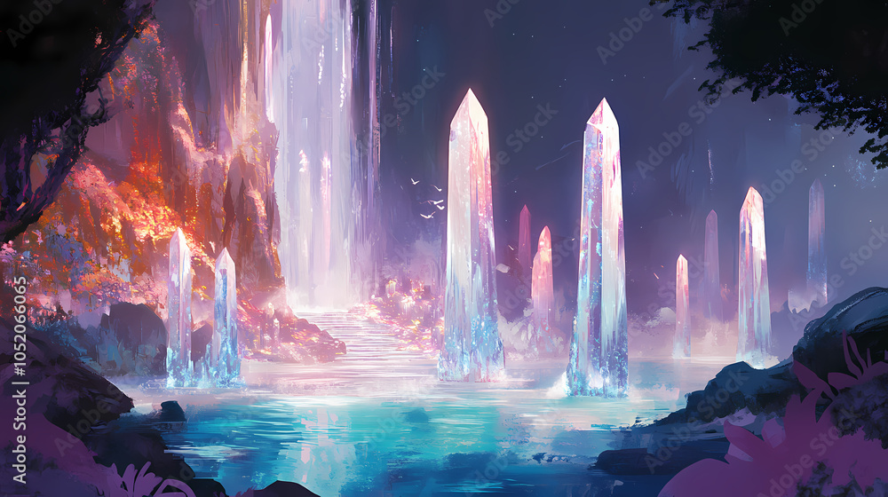 A lemurian palace with crystal spires and waterfalls cascading into ...