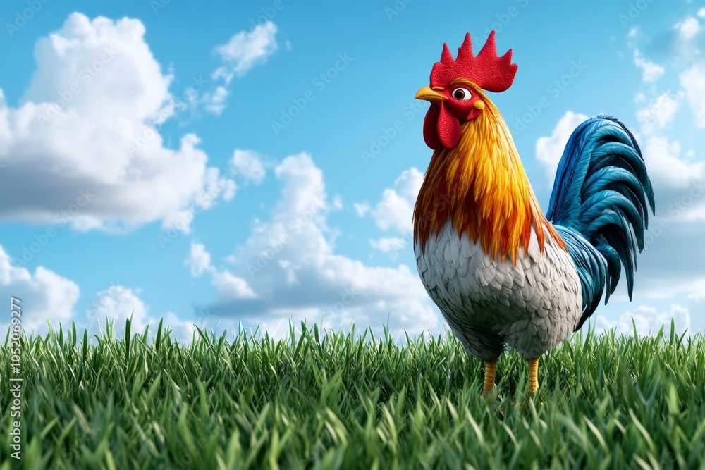 a 2D cartoon illustration of a rooster standing proudly on a fence ...
