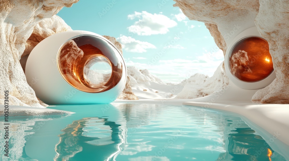 A visionary scene inside a cave, showcasing reflective orange spheres ...