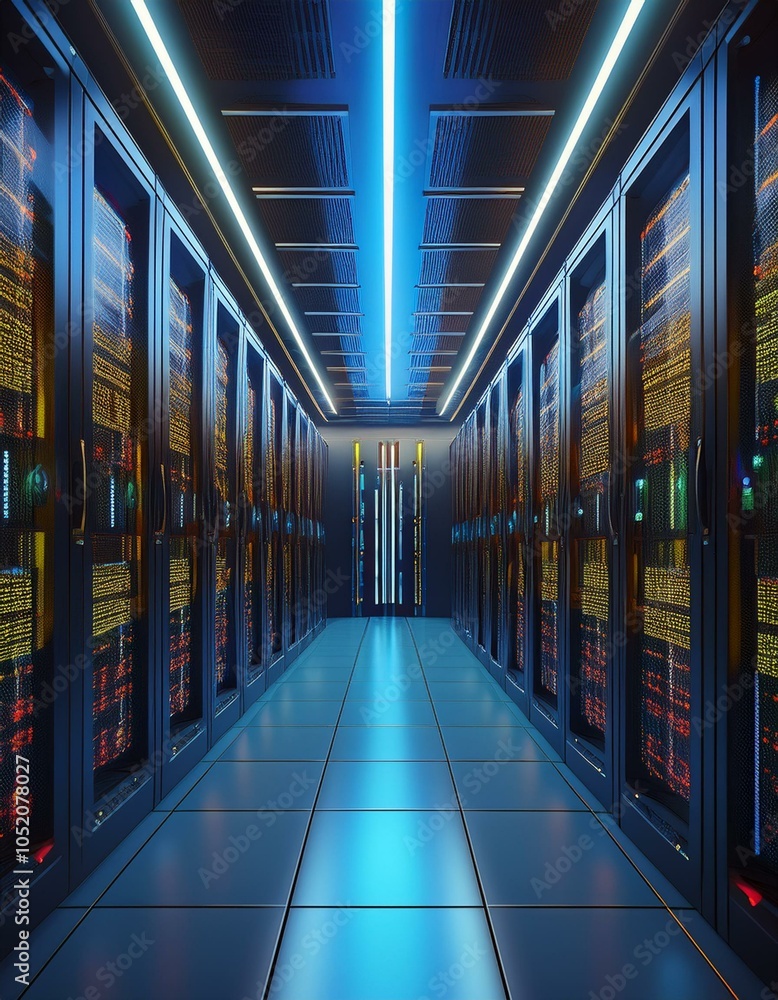 Server racks in computer network security server room data center, 3d rendering. Stock ...