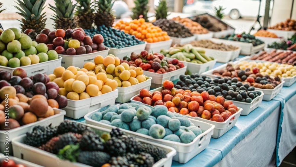 Various colorful fresh fruits and vegetables are displayed on a market ...
