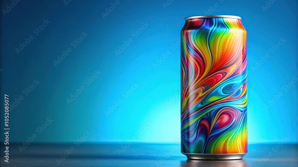 A close-up shot of a colorful energy drink can with a unique label ...