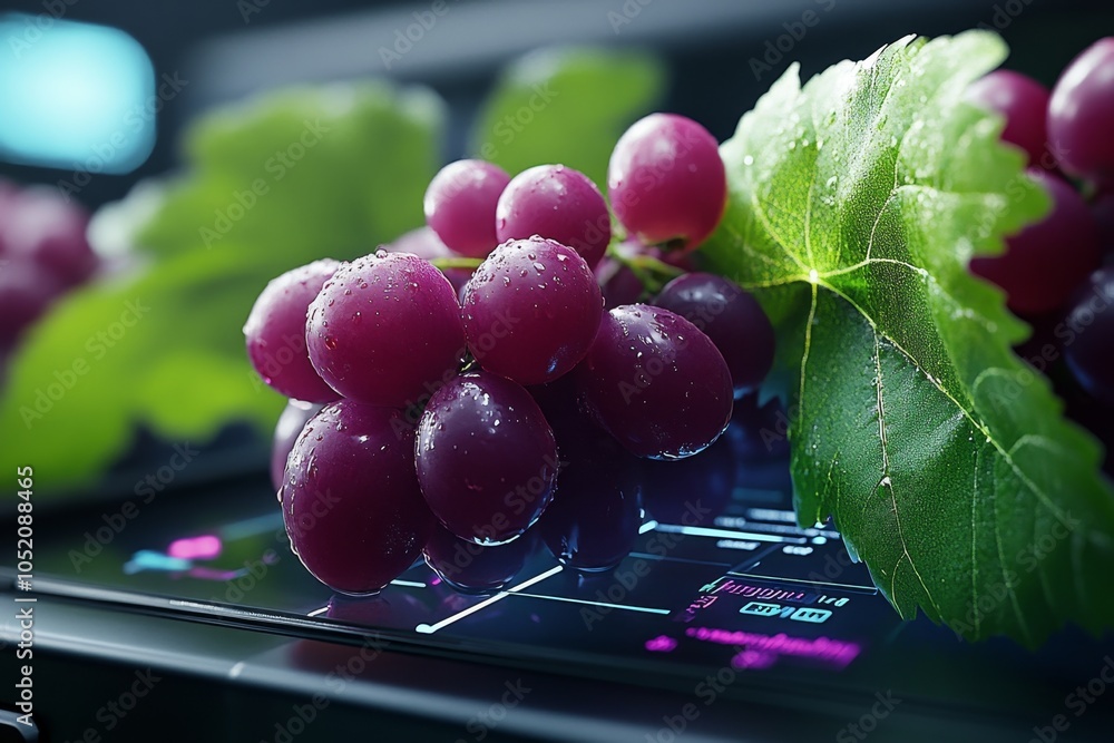Grapes growing in a futuristic hydroponic setup, with LED lights and ...