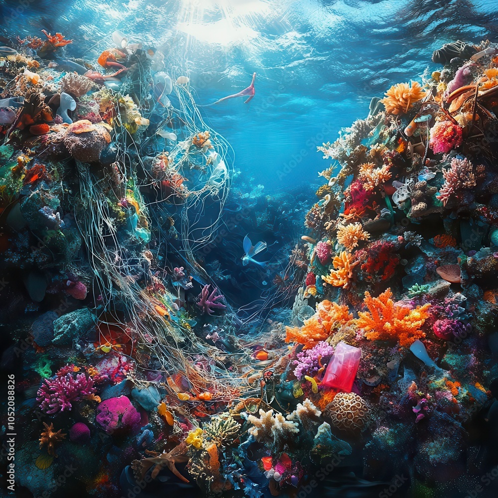 Discarded fishing gear and plastic entangling a coral reef, soft ...
