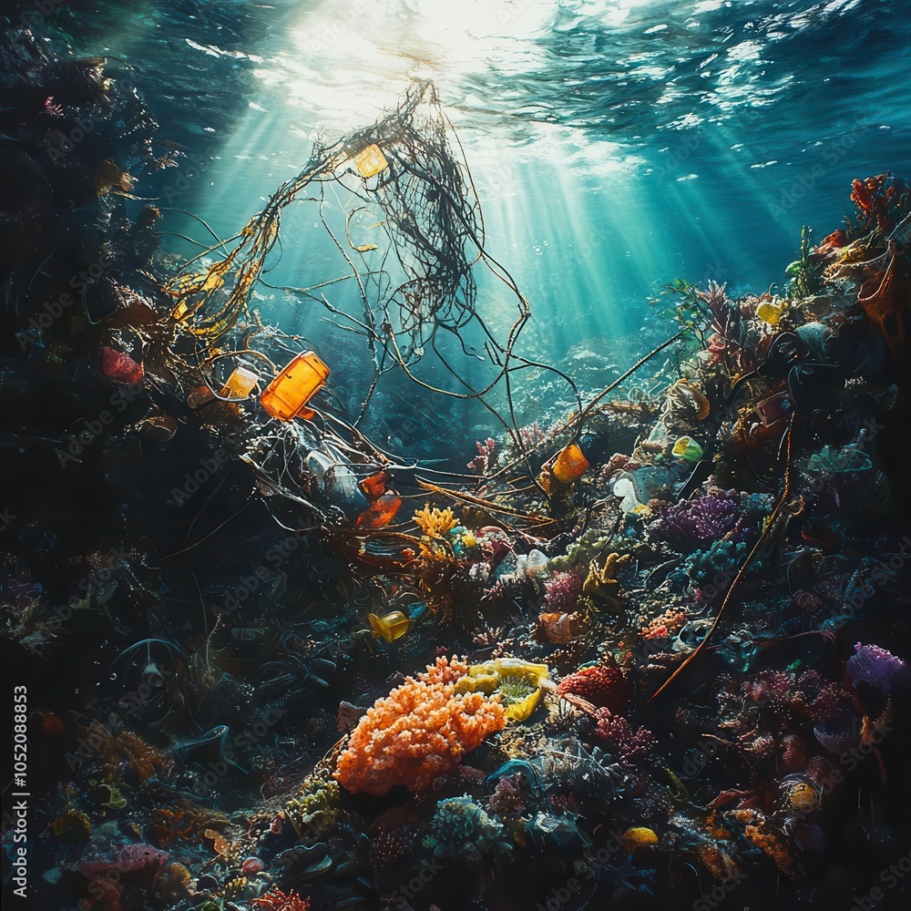 Discarded fishing gear and plastic entangling a coral reef, soft ...