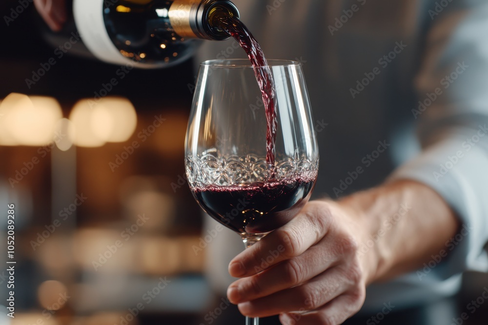 The image captures a hand pouring red wine into a glass, exemplifying ...