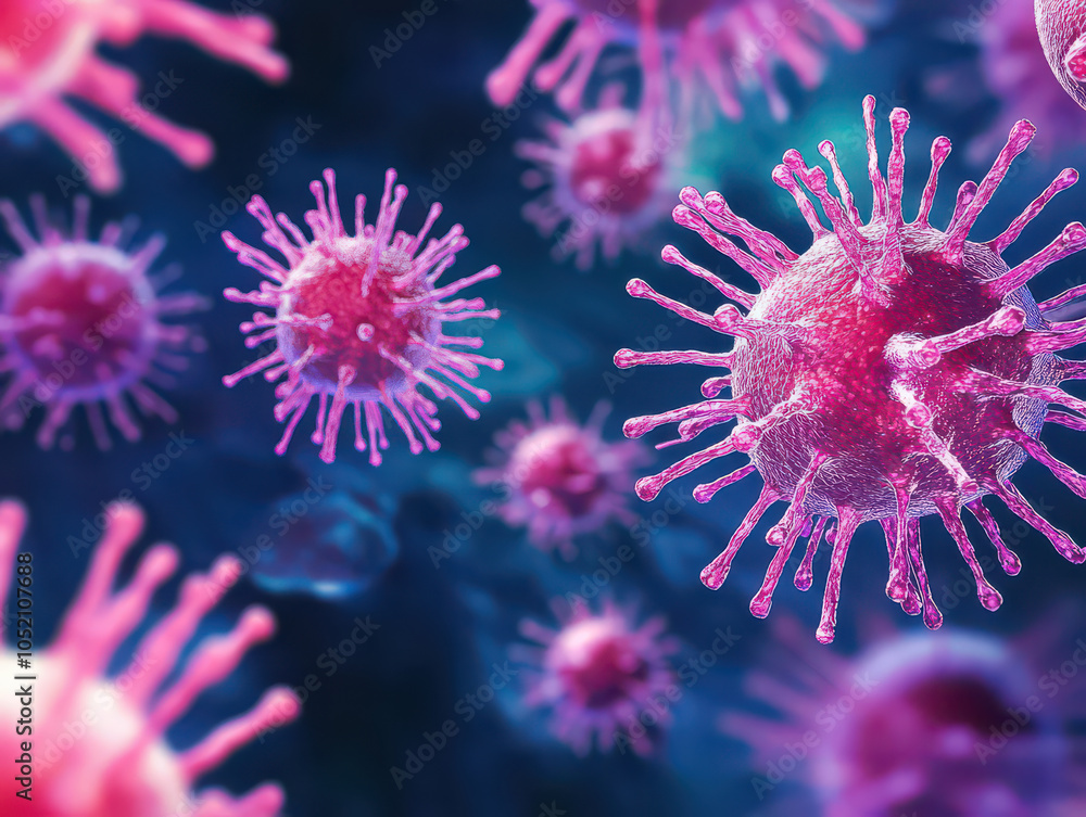 Microscopic view of vibrant pink viruses floating in a dark blue ...