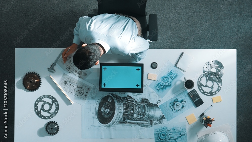 Top view of skilled engineer writing in paper while looking at tablet ...