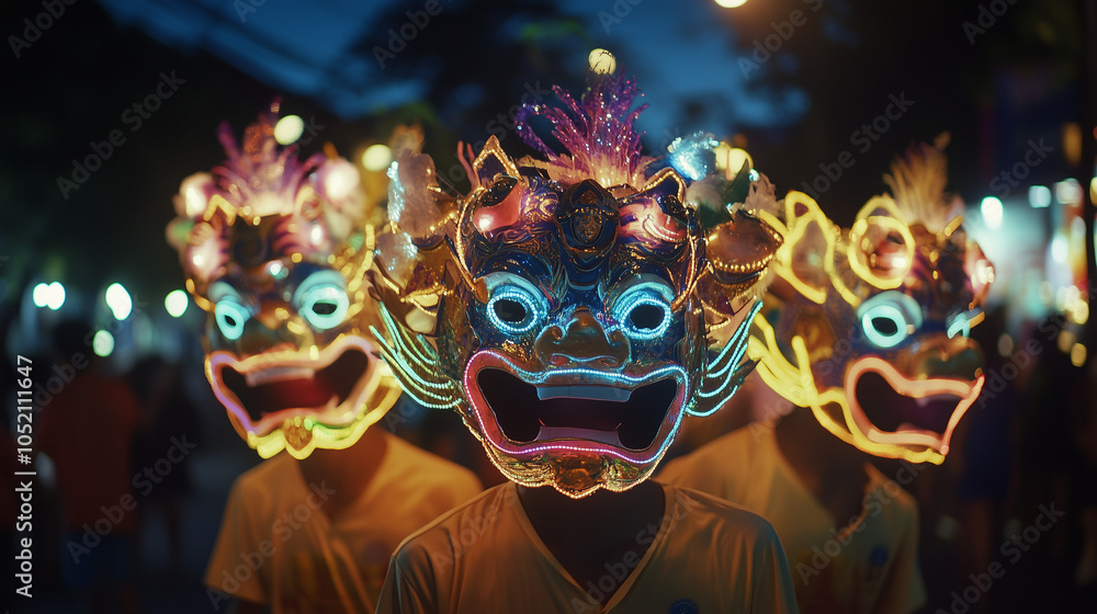 Phi Ta Khon Festival, a night parade with participants wearing large ...