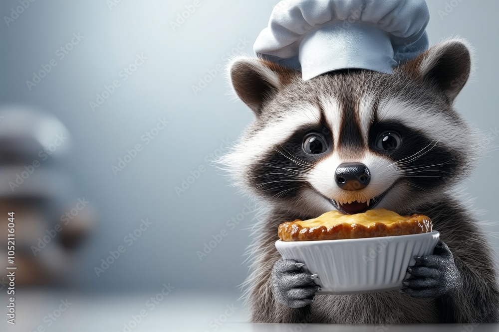 a 2D cartoon illustration of a raccoon in a chef hat holding a tiny pie ...