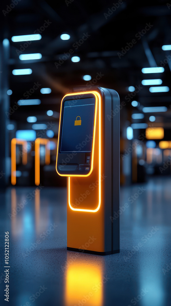 Interactive kiosk for smart package pickup, featuring sleek design with glowing orange accents ...