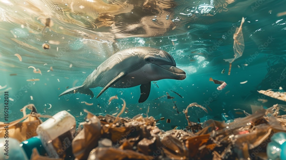 A dolphin swims in polluted ocean full of plastic waste, highlighting ...