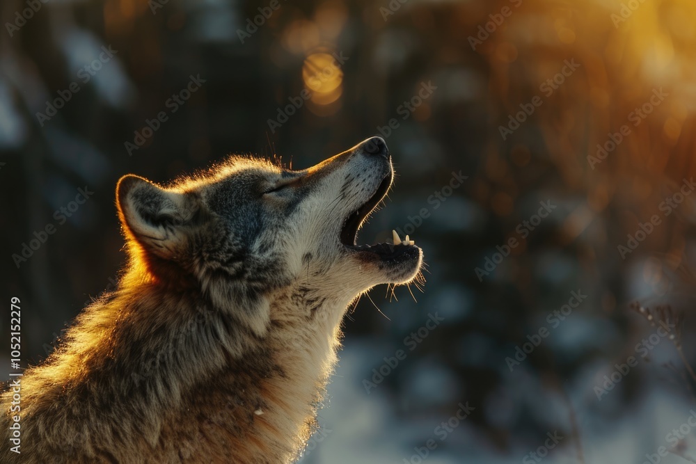 Wolf howling Backlit Grey Wolf howling against a background of dark ...