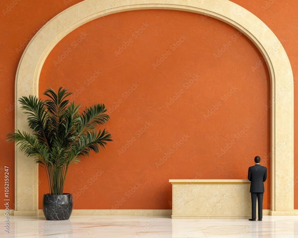 Luxurious hotel reception with a grand entrance, marble floors, and an ...