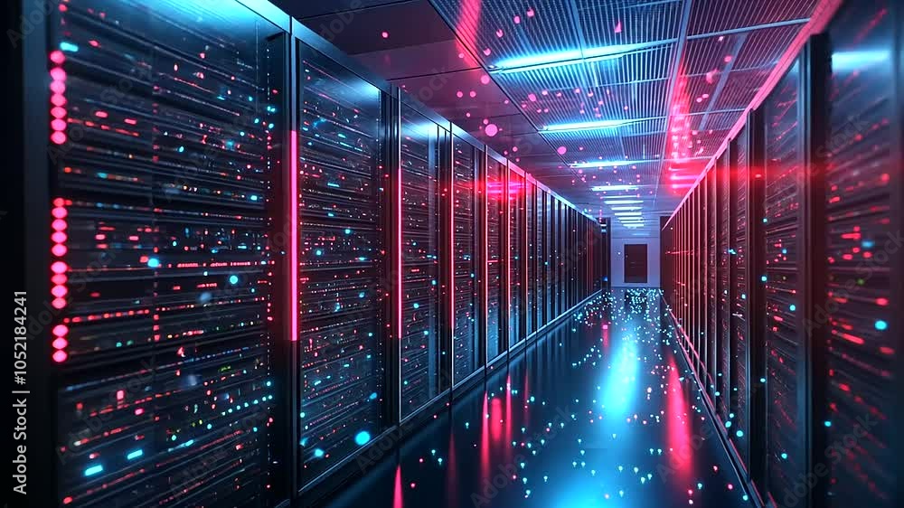 A futuristic data center room filled with glowing server racks, fiber ...