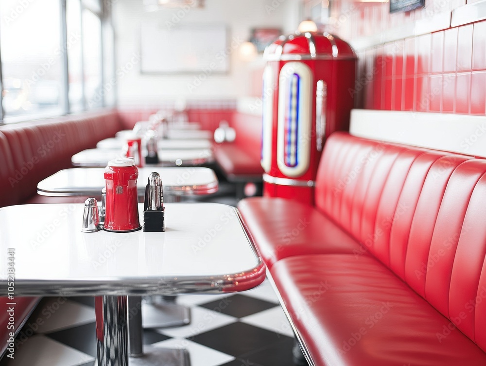 Retro diner interior featuring red booths, classic decor, and a ...