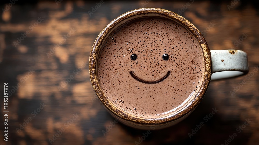 happy hot chocolate with a smiley face, served in a rustic white cup on ...