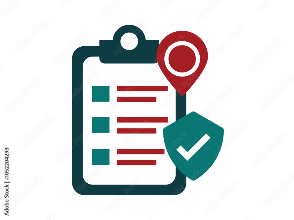 Illustration of a clipboard with a checklist, location pin, and shield ...