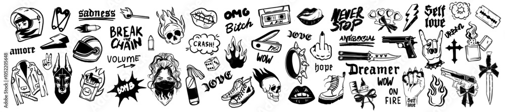 Poster Street art urban sticker set, vector hand drawn punk rock tattoo ...