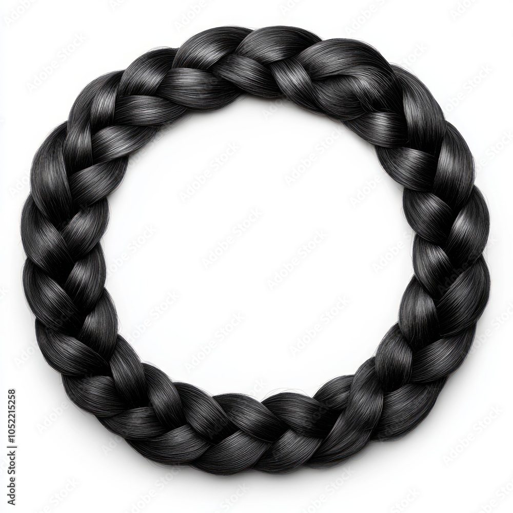 Poster A circular braid made of smooth, black hair on a white ...