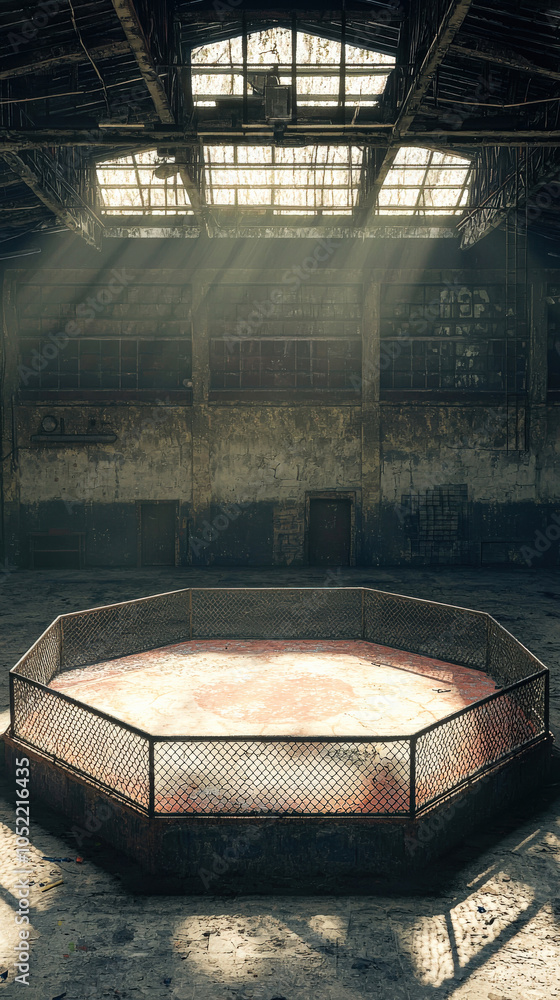 An octagonal cage in the center of a bright, modern fighting arena. The ...