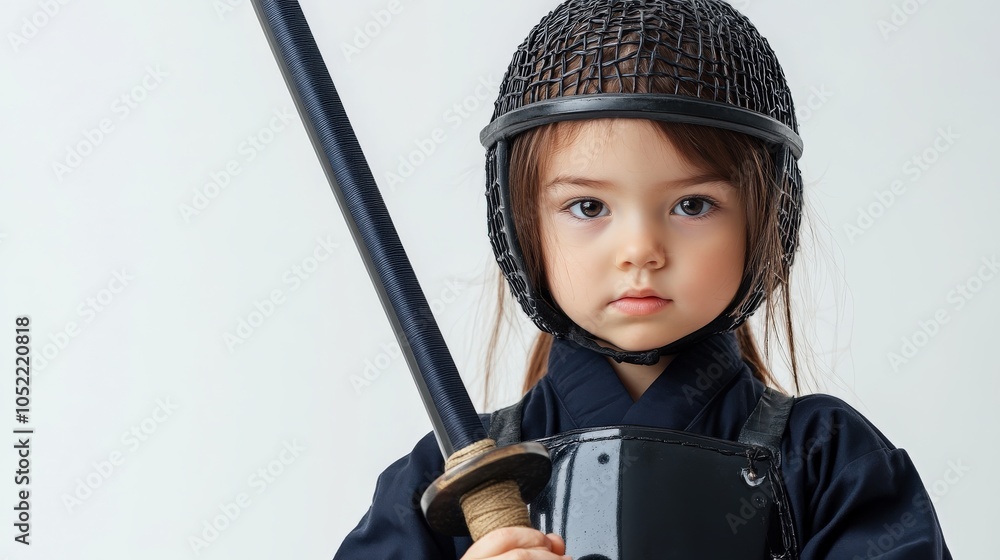 Young child in traditional kendo gear, holding a shinai, ready for ...