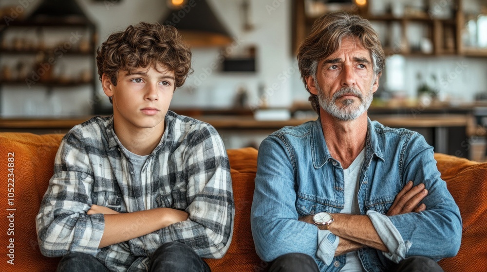 Father and son arguing in the living room, highlighting the ...