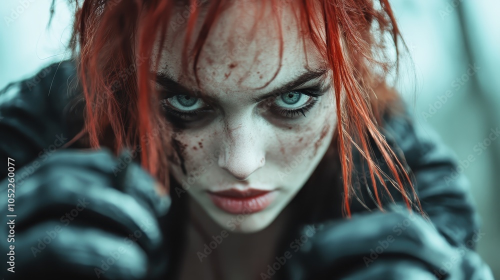 Image of a character with striking red hair and a determined gaze ...