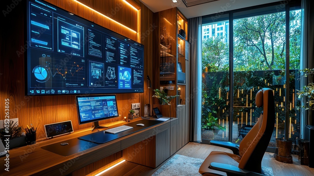 A fully tech-integrated home office where wall-mounted touchscreens ...