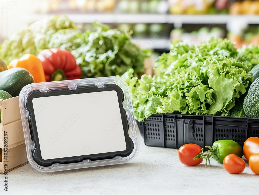 Blank label on a plastic vegetable clamshell packaging, displayed with ...