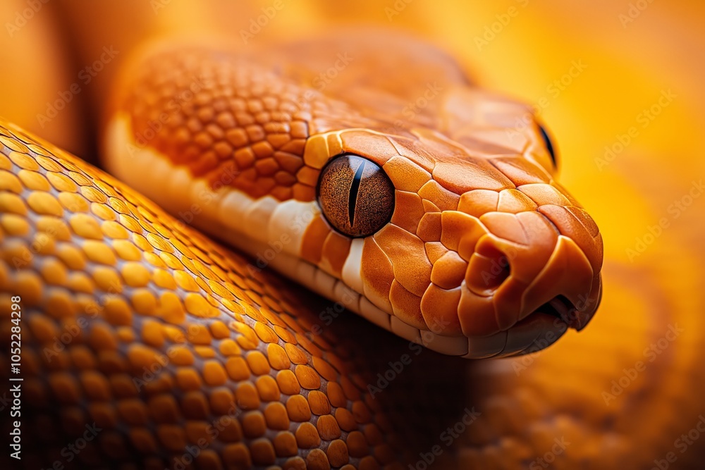 orange snake with intricate scales and intense eyes, coiled in a ...