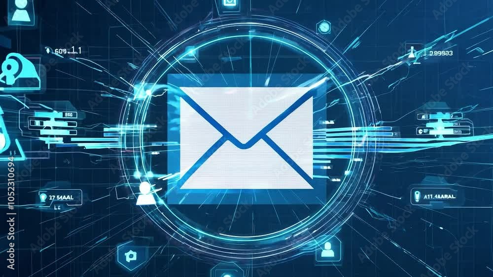 Digital email icon with cybersecurity elements and data connections ...
