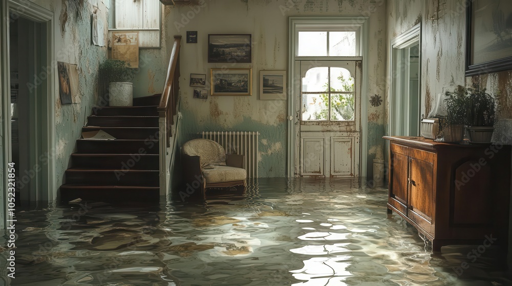 rooms flooded with water, showcasing extensive damage to the interior ...