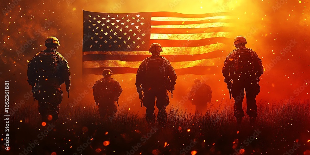 American Valor: Silhouetted soldiers stand solemnly before a radiant ...
