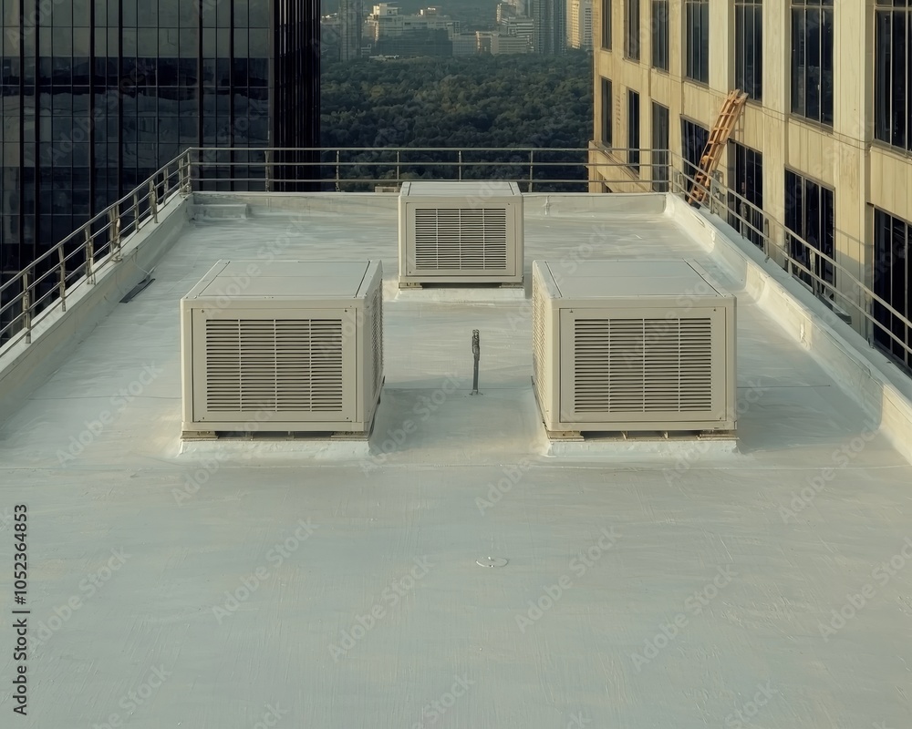 Symmetrical Urban Rooftop Scene with Three Beige Air Conditioning Units ...