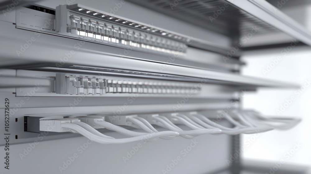 Server rack with internet patch cord cables connected to patch panel in ...