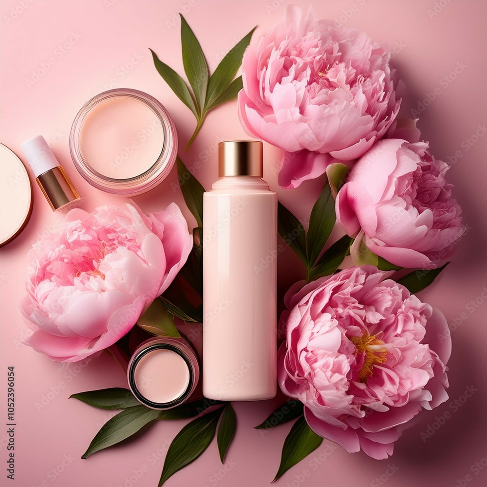 elegant peony infused beauty lotion and cosmetics nestled beside ...