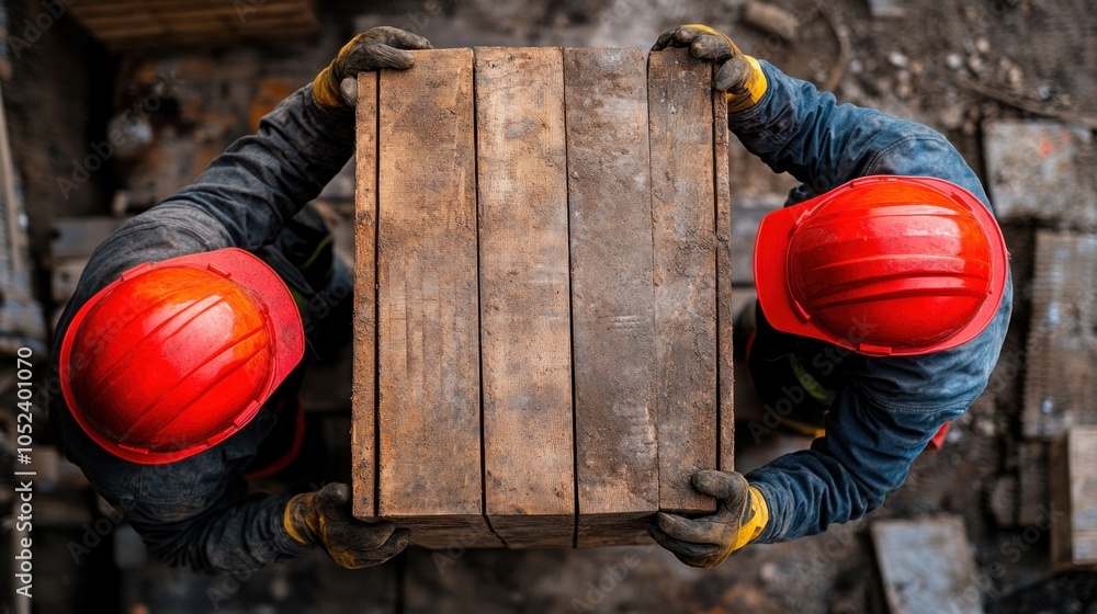 Construction workers lifting materials together on a building site ...