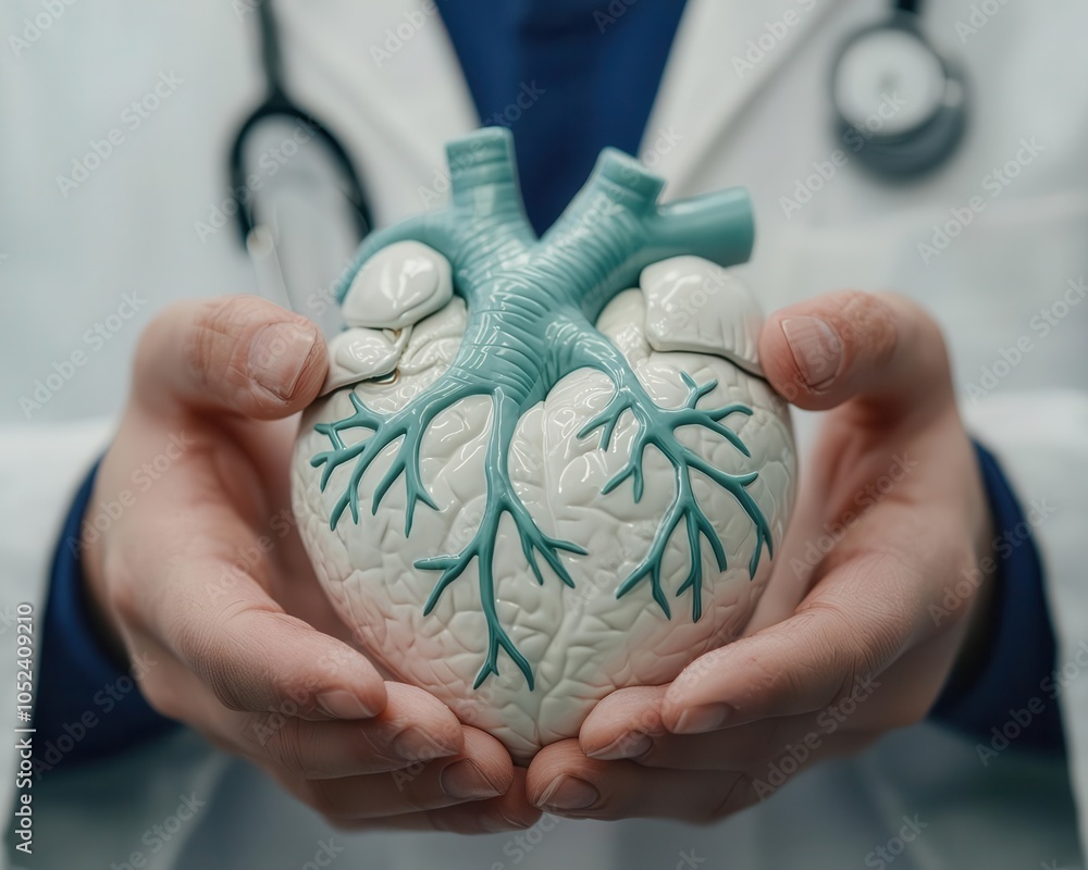 Doctor explaining heart attack risk, heart model focus, cardiac health ...