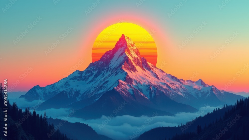2D mountain with sun design, featuring clean lines and calming earth ...