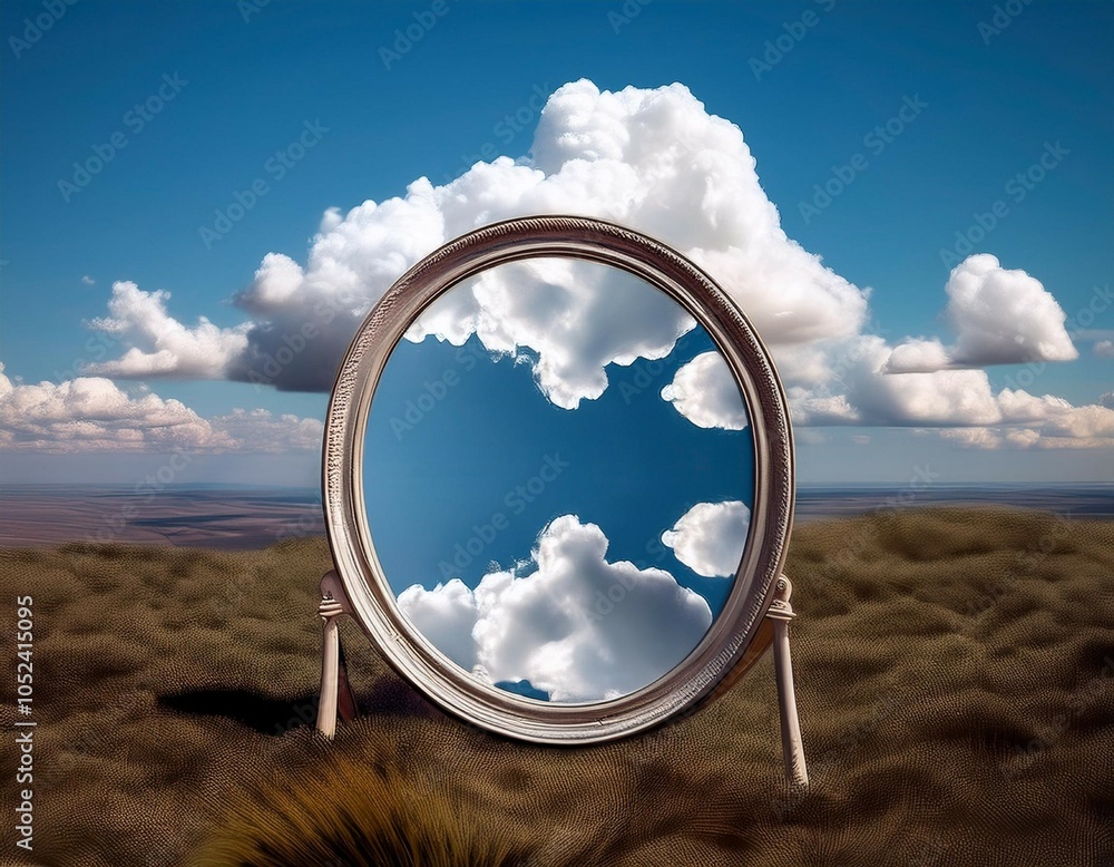 surrealistic mirror reflecting clouds on a serene backdrop symbolizing ...
