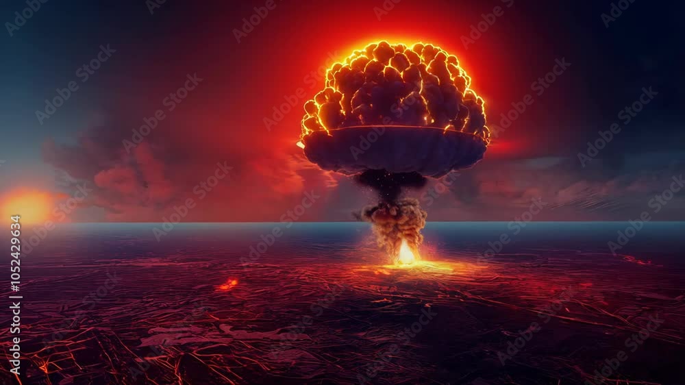 An explosion in a city skyline making a nuclear fire mushroom cloud in ...