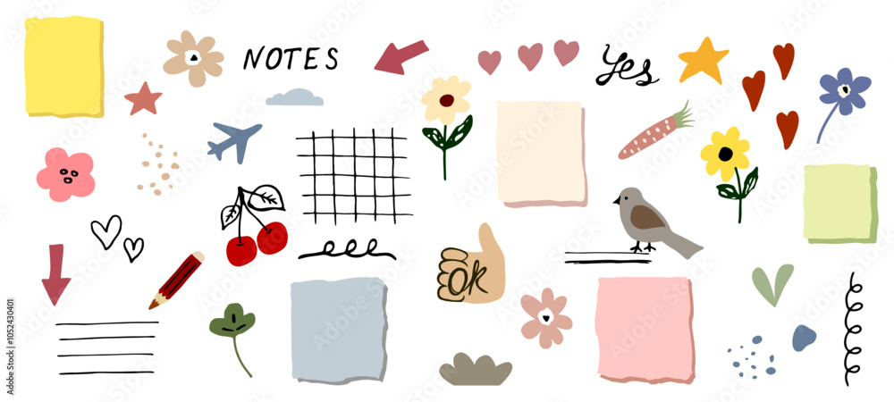 Note paper and cartoon cute stickers. Elements for planner, home ...